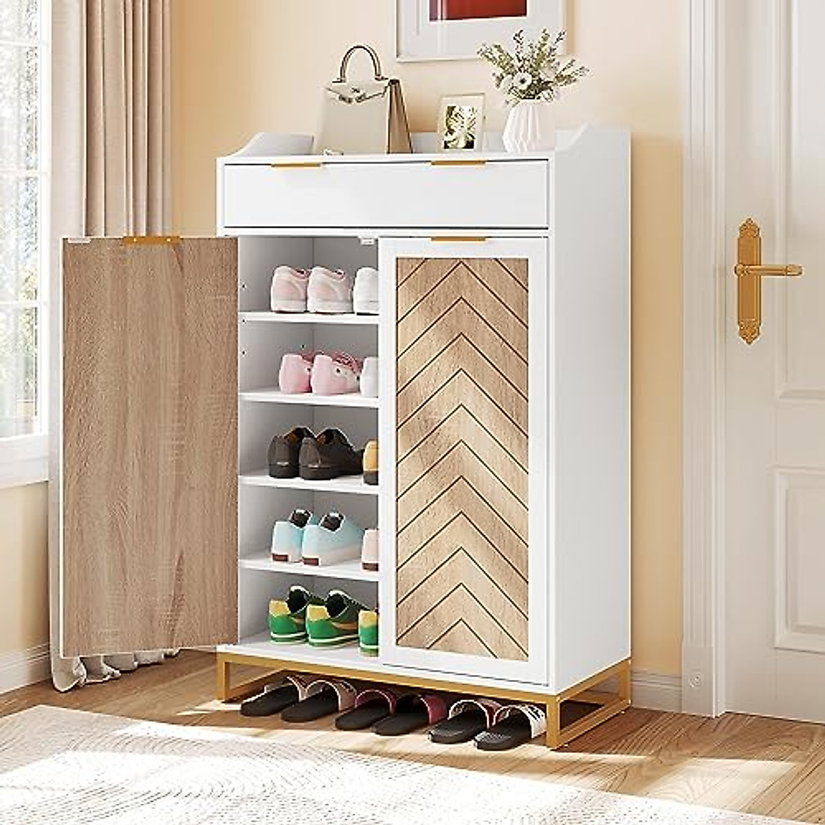 YITAHOME Shoe Cabinet Entryway with Doors, 5-Tier Shoe Storage Cabinet with Drawer, Large Capacity Wooden Shoes Rack Organizer for Entryway/Hallway/Closet & Living Room
