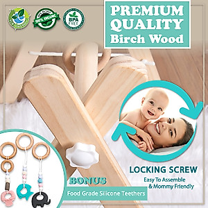 LAVIELLE Wooden Baby Gym Set with 6 Hanging Teethers, Montessori Foldable Play Gym for Newborns, Ideal Nursery Activity Center, Perfect Giftable Toy Set