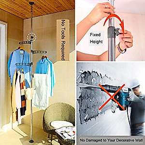 BAOYOUNI 4-Tier Standing Clothes Laundry Drying Rack Coat Hanger Organizer Floor to Ceiling Adjustable Metal Corner Tension Pole, Grey