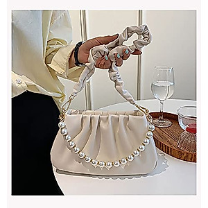 Clutch Purse Evening Shoulder Pleated Bag for Women Fashionable Tote Crossbody Handbags with Beaded Design Strap (White)