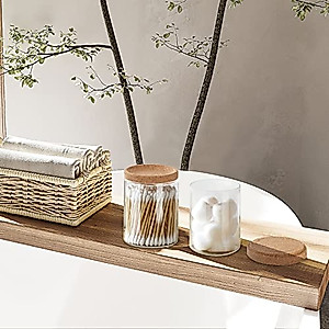 Anhow 12 OZ Glass Qtip Holders, 3 Pack Apothecary Jars Cotton Ball/Swabs Dispenser with Vanity Tray for Bathroom Canister Storage, Clear Bathroom Set Guest Room Essentials with Dust Cover