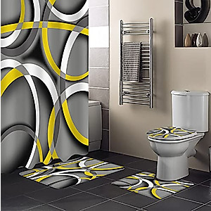 EwdeWwo Modern Art 4 Piece Shower Curtain Sets with Non-Slip Rugs, Toilet Lid Cover and Bath Mat, Yellow Gray and White Circle Abstract Geometric Shower Curtain with Hooks, Durable and Waterproof