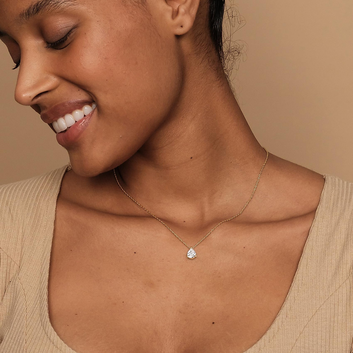 PAVOI 14K Gold Plated Sterling Silver Post Faux Diamond Pear Solitaire Pendant Halo Necklace in Yellow Gold