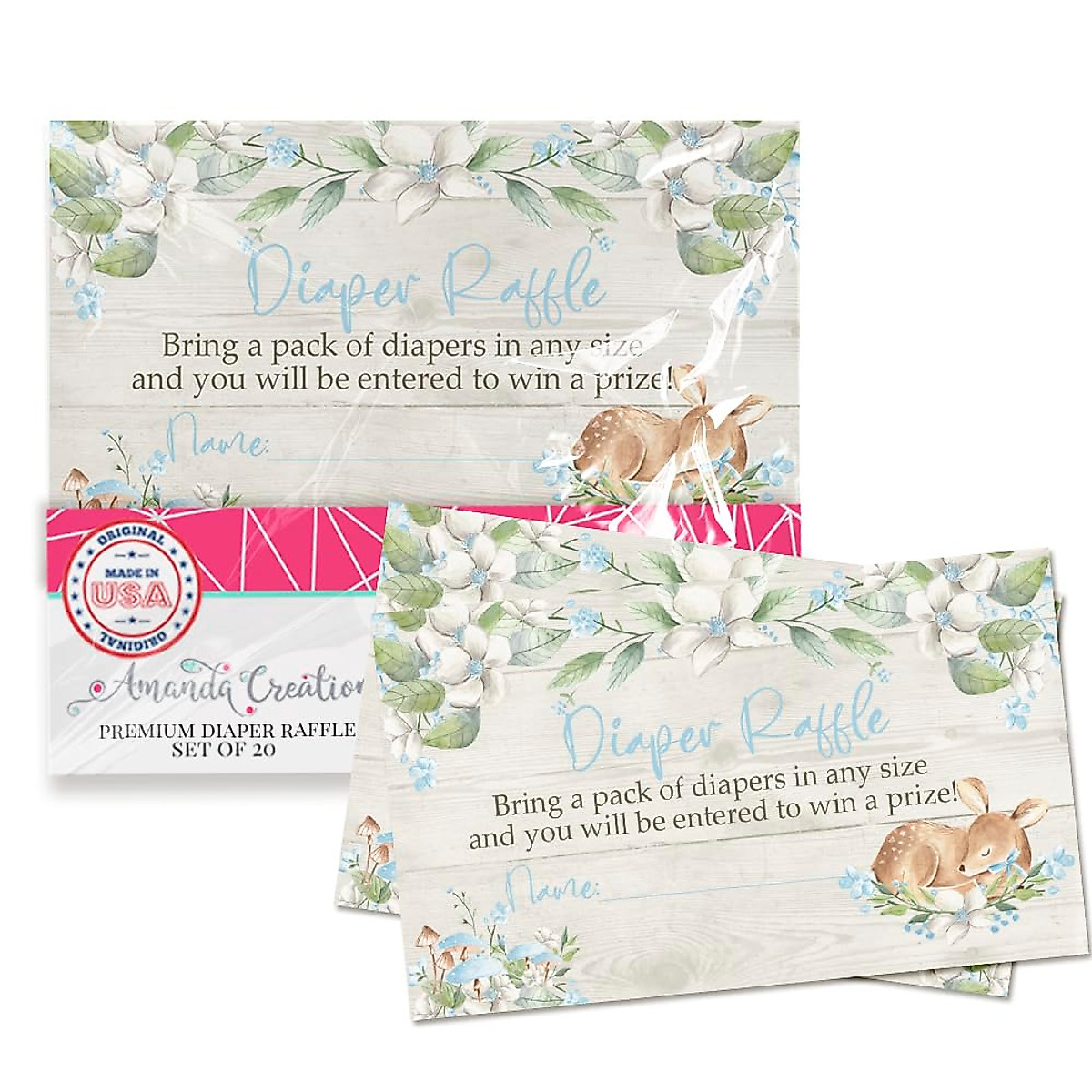 Little Deer Woodland Themed Diaper Raffle Tickets for Boy Baby Showers, 20 2" X 3” Double Sided Insert Cards for Games by AmandaCreation, Bring a Pack of Diapers to Win Favors & Prizes!