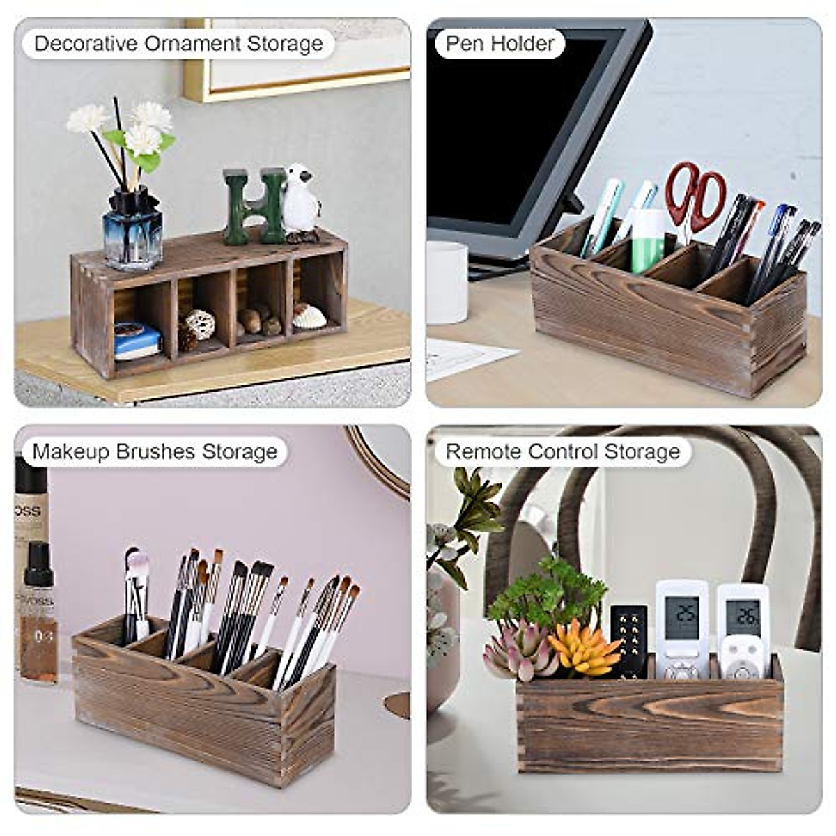WuGeShop Wood Remote Control Holder 4 Compartments, Rustic Wooden Table TV Remote Caddy, Multi-use Desktop Remote Storage Organizers for Controller, Pencils, Pens, Phones