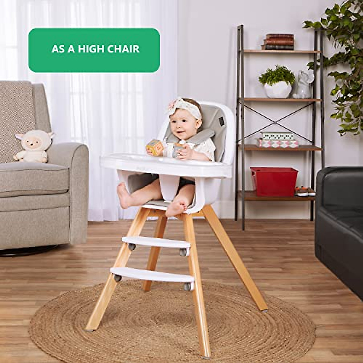 Evolur Zoodle 2 in 1 Baby High Chair in Light Grey, Easy to Clean, Adjustable and Removable Tray, Compact and Portable Convertible High Chair for Babies and Toddlers
