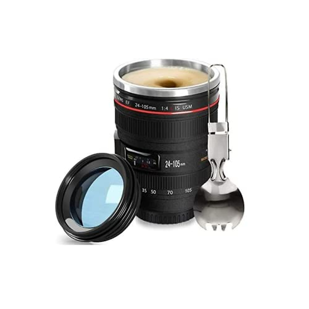 Fanatek Camera Lens Coffee Mug - 12.5oz,Reusable Tumbler Lens Mugs+Foldable Spoon,Stainless Steel Thermos & Blue Lid,Camera Gifts for Photographer,Travel SLR Camera cup,Interesting Finds for Men,Women