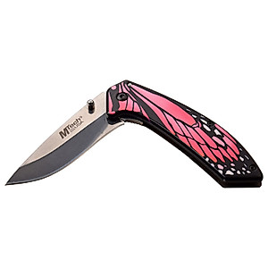 MTECH USA – Spring Assisted Folding Knife – Mirror Polished Blade, Stainless Steel Handle w/Pink Butterfly Design, Pocket Clip, Hunting, Camping, Survival, Tactical, EDC – MT-A1005PK