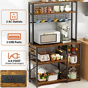 ROOMTEC Baker's Rack with Power Outlet, Microwave Stand with Storage, Kitchen Free Standing Baker Racks and Shelves with 6 S-Shaped Hooks