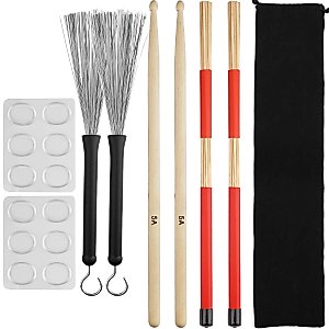 Drum Sticks Set,Eison 5A Maple Wood Drum Sticks,Drum Rods Brushes,Retractable Drum Wire Brushes,12PCS Drum Dampeners with Portable Bag,Drumsticks Gift Sets for Kids Adults Drummer Practice
