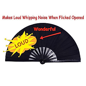 Amajiji Large Folding Hand Rave Fan for Women/Men, Chinease/Japanese Bamboo and Nylon-Cloth Folding Hand Fan for Performance, Festival, Events, Gift, Craft, Dance, Decorations (Black)