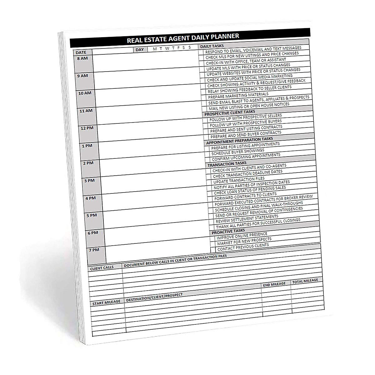 Real Estate Agent Supplies - Daily Planner Task List Notepad. Simple one page document with calendar, task lists, call and mileage log. Keep organized & focused on selling real estate. 8.5 X 11