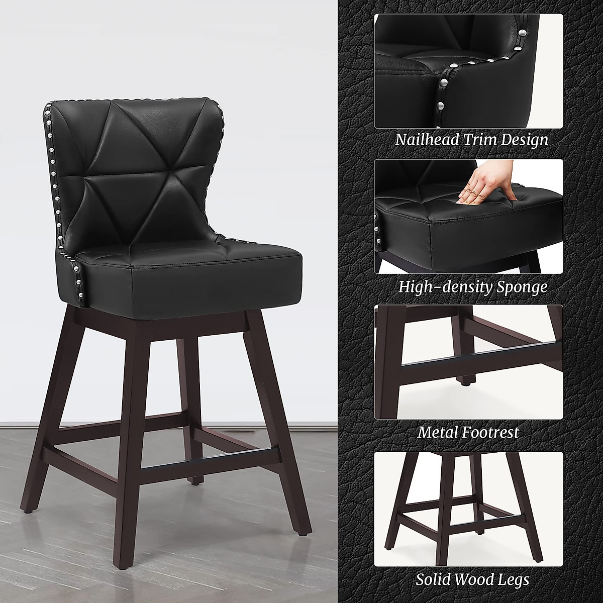 Cozyman Counter Height Bar Stools Set of 2, 26" H Swivel Bar Stool with Back, Faux Leather Counter Stool, Solid Wood Legs, Retro Upholstered Barstools for Kitchen Island, Home Bar, Pub, Black