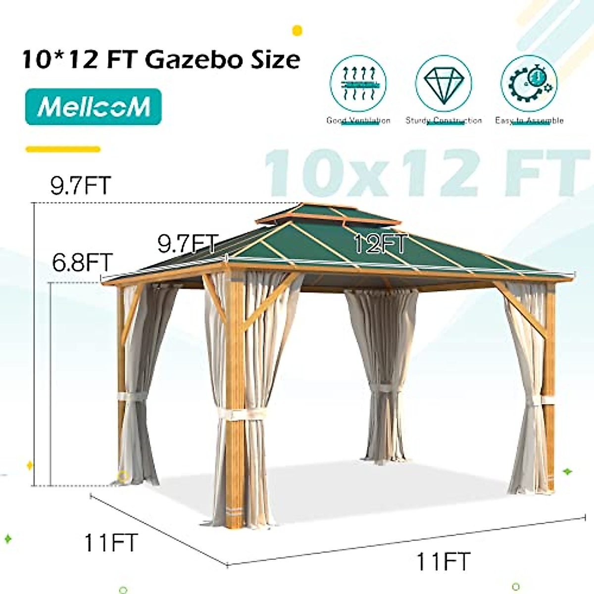 MELLCOM 10' x 12' Hardtop Gazebo, Wooden Finish Coated Aluminum Frame Outdoor Gazebo with Aluminum Double Roof, Blackish Green Metal Gazebo with Curtains and Nettings for Patios, Gardens, Lawns