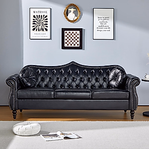 AVZEAR 82" Three Seater Sofa, Chesterfield Sofa, Mid-Century Modern PU Upholstered Sofa, Deep Button Tufted Living Room Sofa with Two Throw Pillows, Black