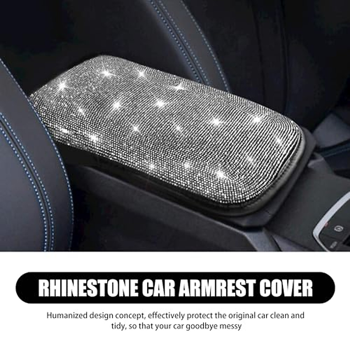 Crynod 1 PC Sparkling Car Armrest Box Protector, 8.66" x 11.81" Rhinestone Studded Stretch Elastic Band Mounted Center Console Cover, General Motors Anti-Scratch Accessory, for Most Cars (Silver)