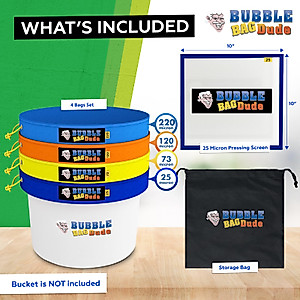BUBBLEBAGDUDE Bubble Bags 5 Gallon 4 Bags Set - Herbal Ice Bubble Bag Essence Extractor Kit - Plant & Herb Extraction Bubble Bags with 10 x 10” Pressing Screen & Storage Bag (220 to 25-Micron Bags)
