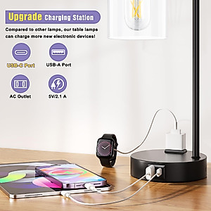 Industrial Touch Table Lamps for Bedrooms Set of 2 - 3-Way Dimmable Nightstand Lamps with USB C+A Ports and Outlet, Black Bedside Lamps with Glass Shade for Living Room, Desk Lamps for Home Office