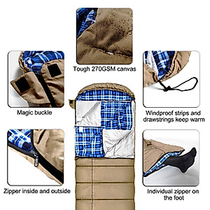 0 Degree Canvas Sleeping Bag for Fishing, Hunting, Traveling and Camping Particularly in Cold Winter Outdoor with Removable Flannel Liner and Free Compression Sack for Big and Tall Adults