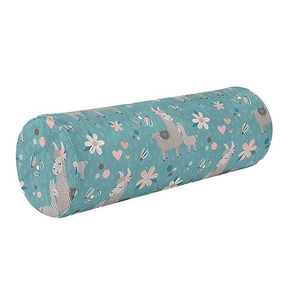 Vnurnrn Teal Llama Flower Neck Support Pillow Round Neck Roll Bolster Cylinder Pillow Cervical Pillows Memory Foam Pillow for Leg Knee Back Head Support for Work Women Men Traveling Headrest