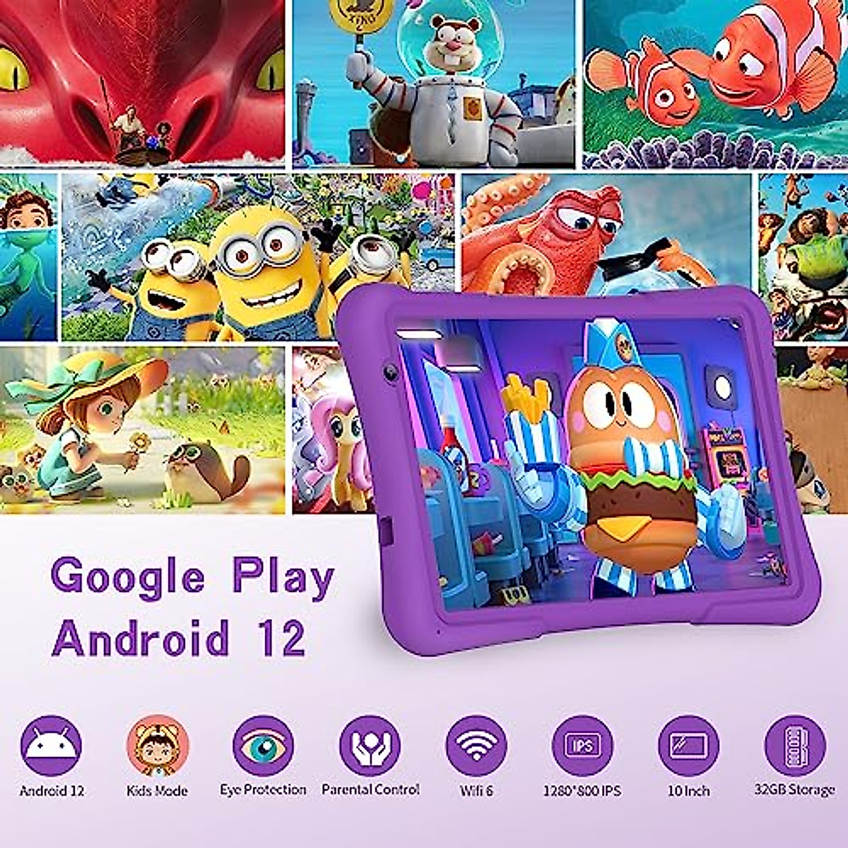 Kids Tablet 10 inch Android 12, Tablet PC with 32GB Storage, Parental Control, Educational, 10.1'' IPS HD Display, Dual Camera, 6000mAh, WiFi, with Silicone Kid-Proof Case, Gift for Girls (Purple)