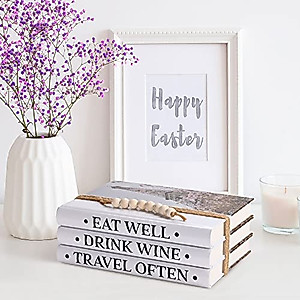 KHATEE Decorative Books for Home Decor - Cherry Blossom Design - Stacked Faux Books for Decoration with Rope & Beads - Rustic Farmhouse Decor for Table, Shelf, Mantel - 3-Piece White Book Decor Set