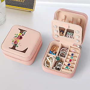 Parima Gifts for Women - Personalized Birthday Gifts for Women, Gifts for Women, Women Gifts Idea, Pink Initial Travel Jewelry Case Jewelry Box for Women Jewelry Organizer - Letter L, Pink