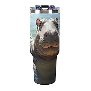 YTLKGFP 40 Oz Large Capacity Car Cup Cute Hippos Tumbler with Handle (Black) Straw Lid Insulated Stainless Steel Water Bottle Travel Mug Leak-proof Car Cup Keeps Cold Or Hot