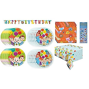 Cocomelon Birthday Party Supplies Bundle Pack includes 16 Dessert Plates, 16 Lunch Plates, 16 Napkins, 1 Table Cover, 1 Happy Birthday Banner, 1 Dinosaur Sticker Sheet (Bundle for 16)