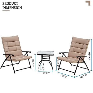 SUNCROWN 3-Piece Outdoor Furniture Patio Padded Folding Chair Set Patio Bistro Set Foldable Adjustable Reclining Lounge Chair with Coffee Table, Khaki