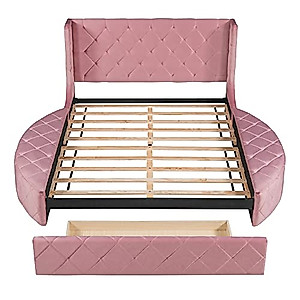 Merax Platform Bed Upholstered Bed Frame with Wingback Headboard, Frame and Slats, Velvet Upholstered Platform Bed with a Big Drawer and 2 Side Storage Stool, No Box Spring Needed, Queen (Pink)