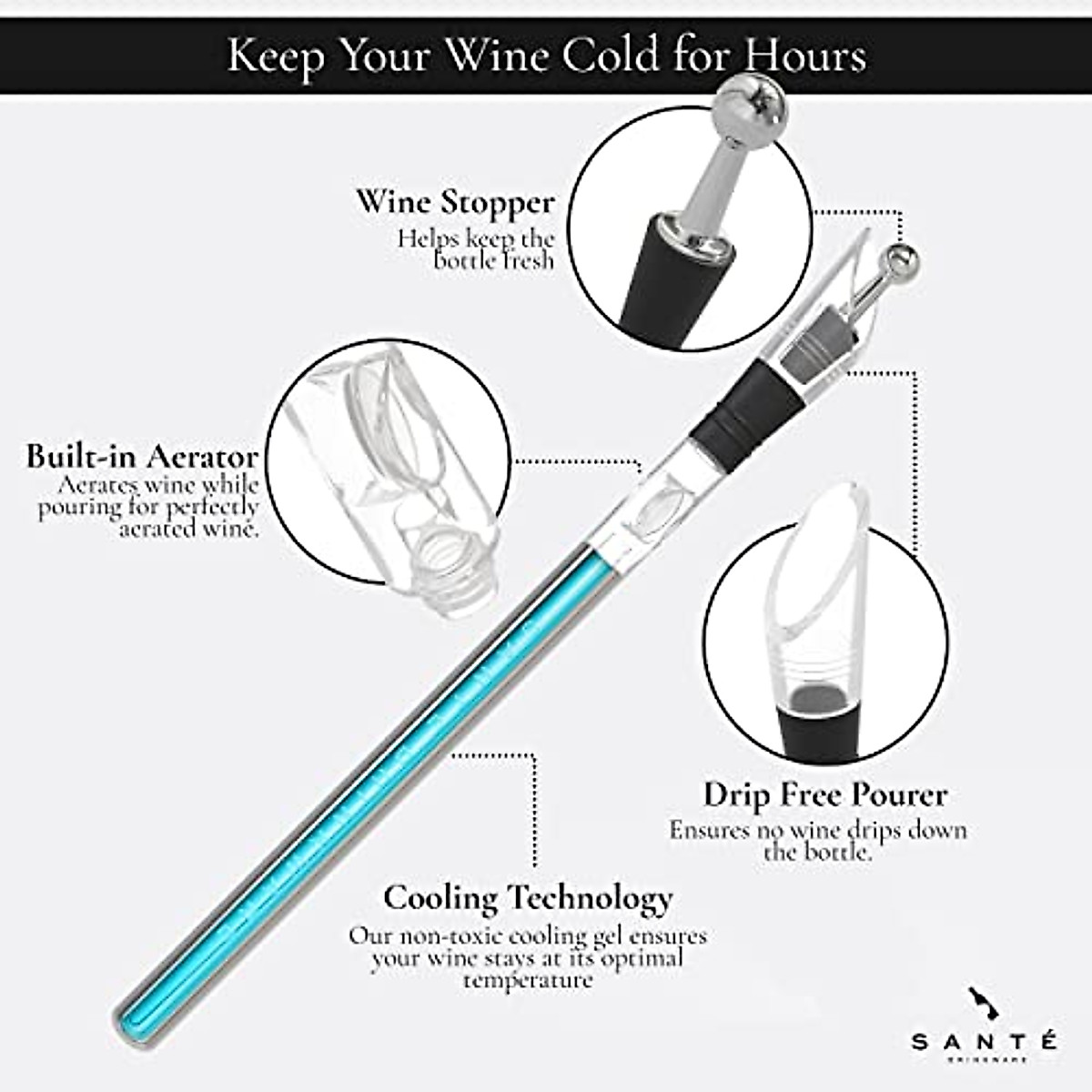 Wine Chiller & Stick - Keeps Wine & Champagne Chilled For Hours - Perfect Gift For Wine Lovers - Portable Insulator Includes Drip-Free Pourer and Aerator - Fits Most 750ml Bottles (Black)