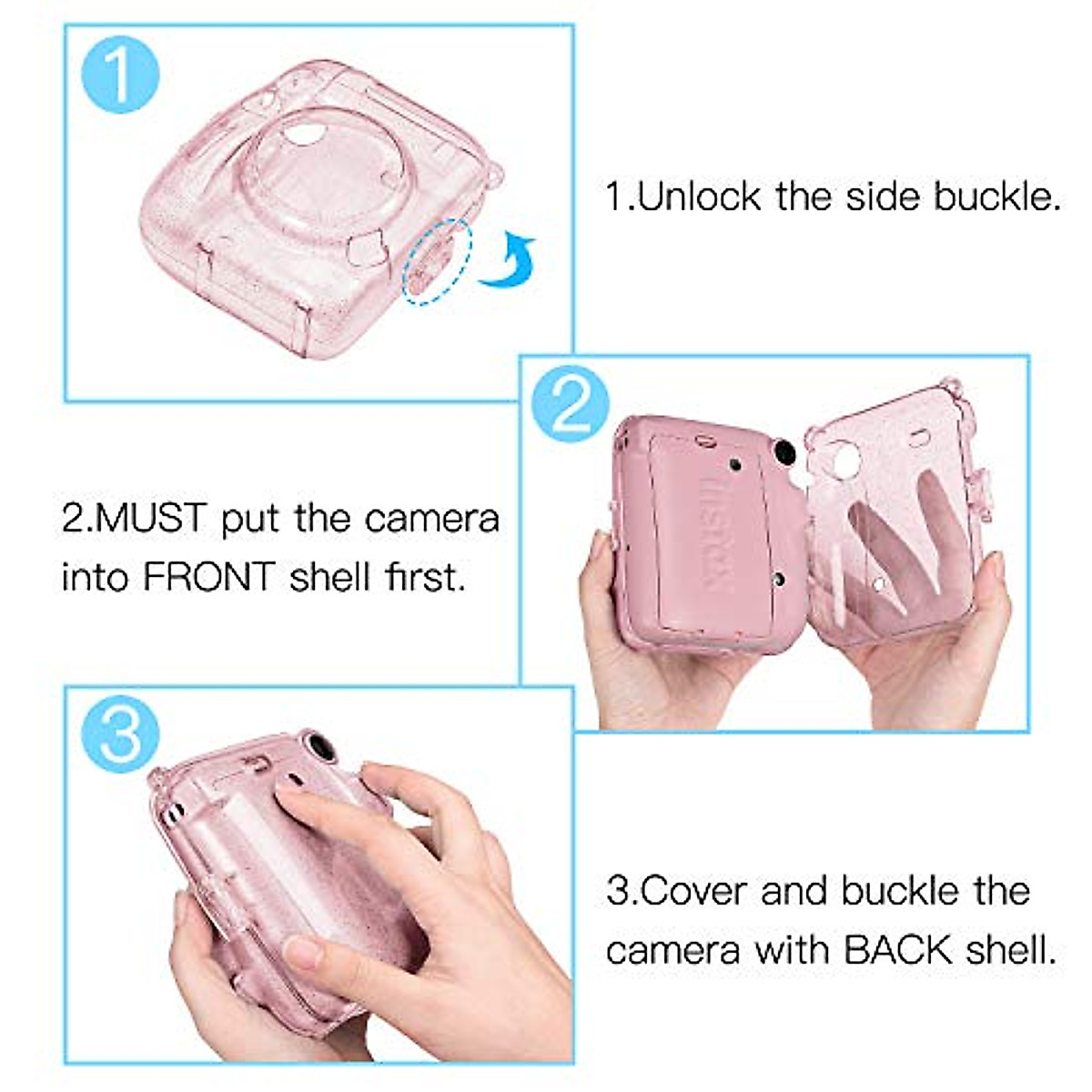 Fintie Protective Clear Case for Fujifilm Instax Mini 11 Instant Film Camera - Crystal Hard Shell Cover with Removable Rainbow Shoulder Strap, Glittering Pink