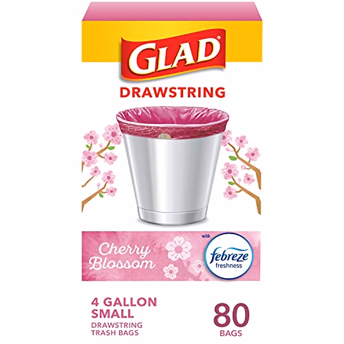 Glad Odorshield Small Drawstring Trash Bags, 4 Gal, Pink, Cherry Blossom, 80 Ct, Pack May Vary