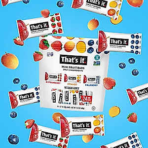 That's it. Mini Fruit Bars (Variety 24 PACK) No Sugar Added, Plant-Based, Vegan & Gluten Free, Breakfast Bar, Paleo, for Children & Adults, Non GMO, Fiber (8 Blueberry, 8 Strawberry, 8 Mango)