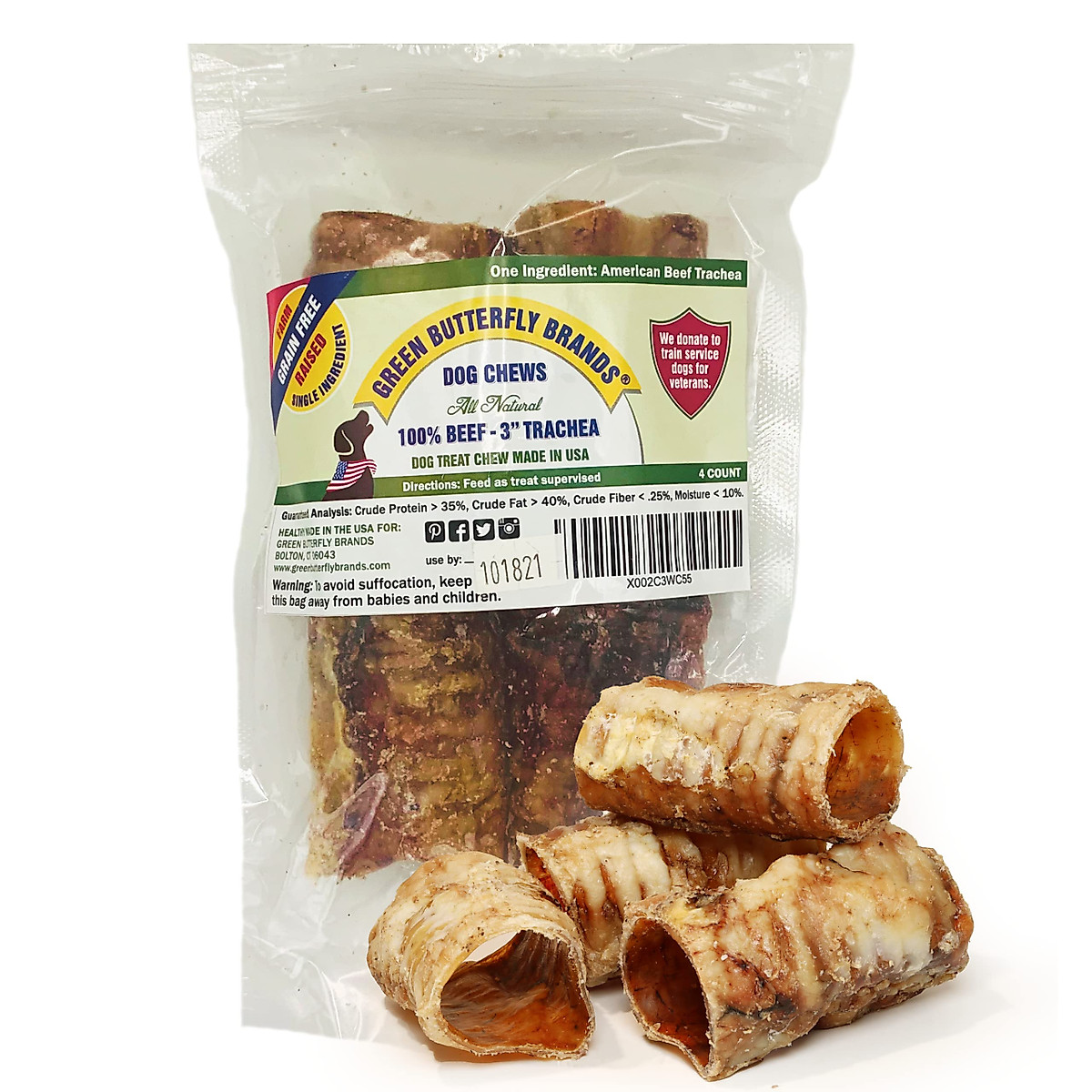 Green Butterfly Brands Dog Chews – Beef Trachea Dog Treat Chew Made in USA. Grass Fed Farm-Raised American Beef. Glucosamine Rich for Healthy Joints. All Natural Dental Chew (3" 4 PCS)