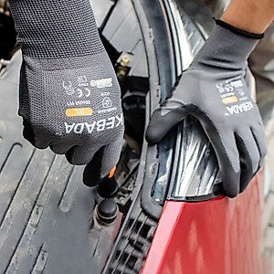 Kebada W1 Work Gloves for Men and Women with Grip,12 Pairs Bulk Pack Mechanic Gloves,PU Coating on Palm & Fingers,Breathable Mens Gardening Touchscreen,Lightweight,Gray Large