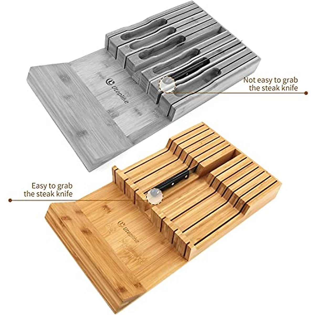 Utoplike in-Drawer Knife Block Bamboo Kitchen Knife Drawer Organizer,Large Handle Steak Knife Holder Without Knives, fit for 12 Knives and 1 Sharpening Steel