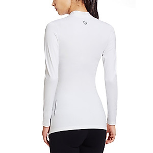 BALEAF Thermal Long Sleeve Running Shirt Women Workout Tops Gym Clothes Mock Neck Fleece Hiking Skiing Base Layer for Winter Cold Weather White L