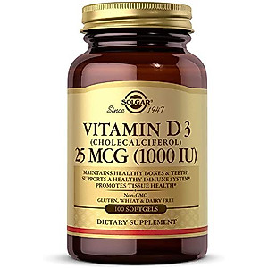 Solgar Vitamin D3 (Cholecalciferol) 25 mcg (1000 IU), 100 Softgels - Helps Maintain Healthy Bones & Teeth - Immune System Support - Non-GMO, Gluten Free, Dairy Free - 100 Servings