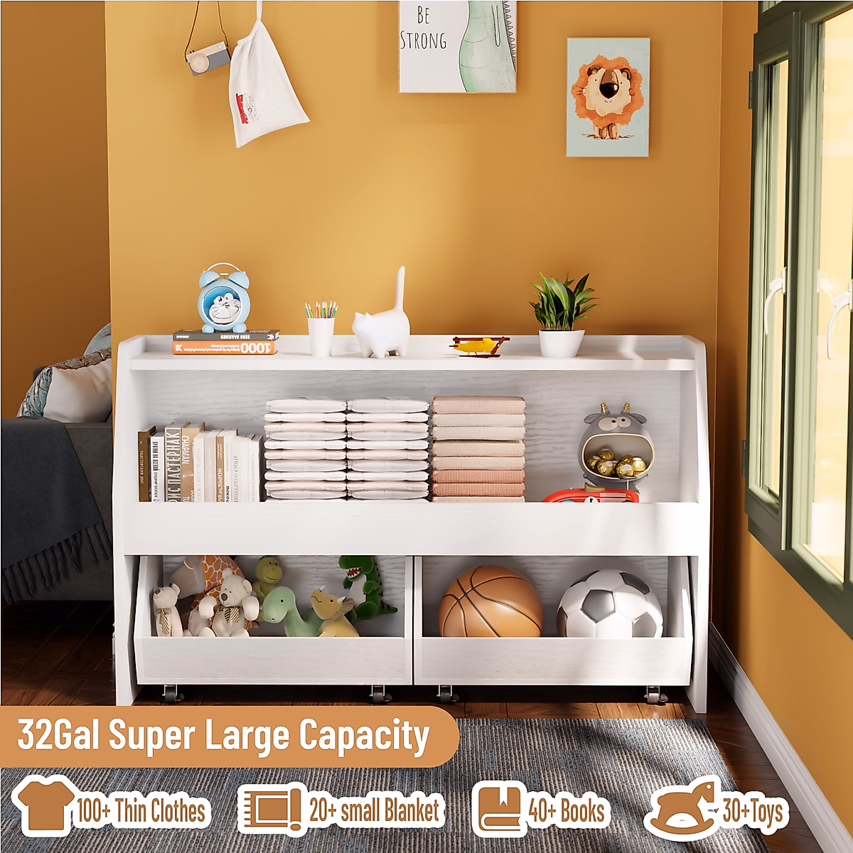 COZPAW Toy Storage Organizer with Movable Drawers, Toys Organizer and Storage for Kids, Toddlers Toy Storage Cabinet, Kids Bookshelf for Playroom Nursery Bedroom Living Room, 2 Tier White