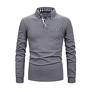 Floerns Men's Causal Long Sleeve Plaid Collared Button Front Golf Polo T Shirt Grey M