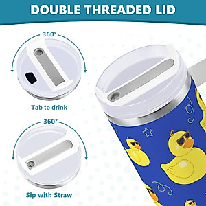 Doodle Cute Yellow Duck Blue Tumbler with Handle and Straw Lid, Cartoon Animal 40 oz Insulated Coffee Cup Stainless Steel Water Bottle Travel Mug Cupholder Friendly,Gifts for Women Men