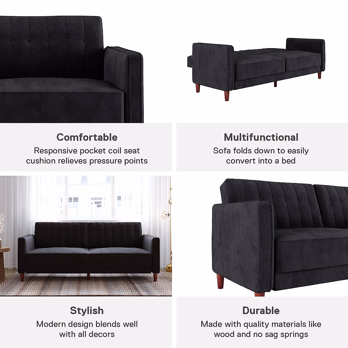 DHP Ivana 82 Inch Futon Sofa Bed in Velvet Fabric, Upholstered Couch Sleeper with Tufted Back, Mid-Century Modern, Black