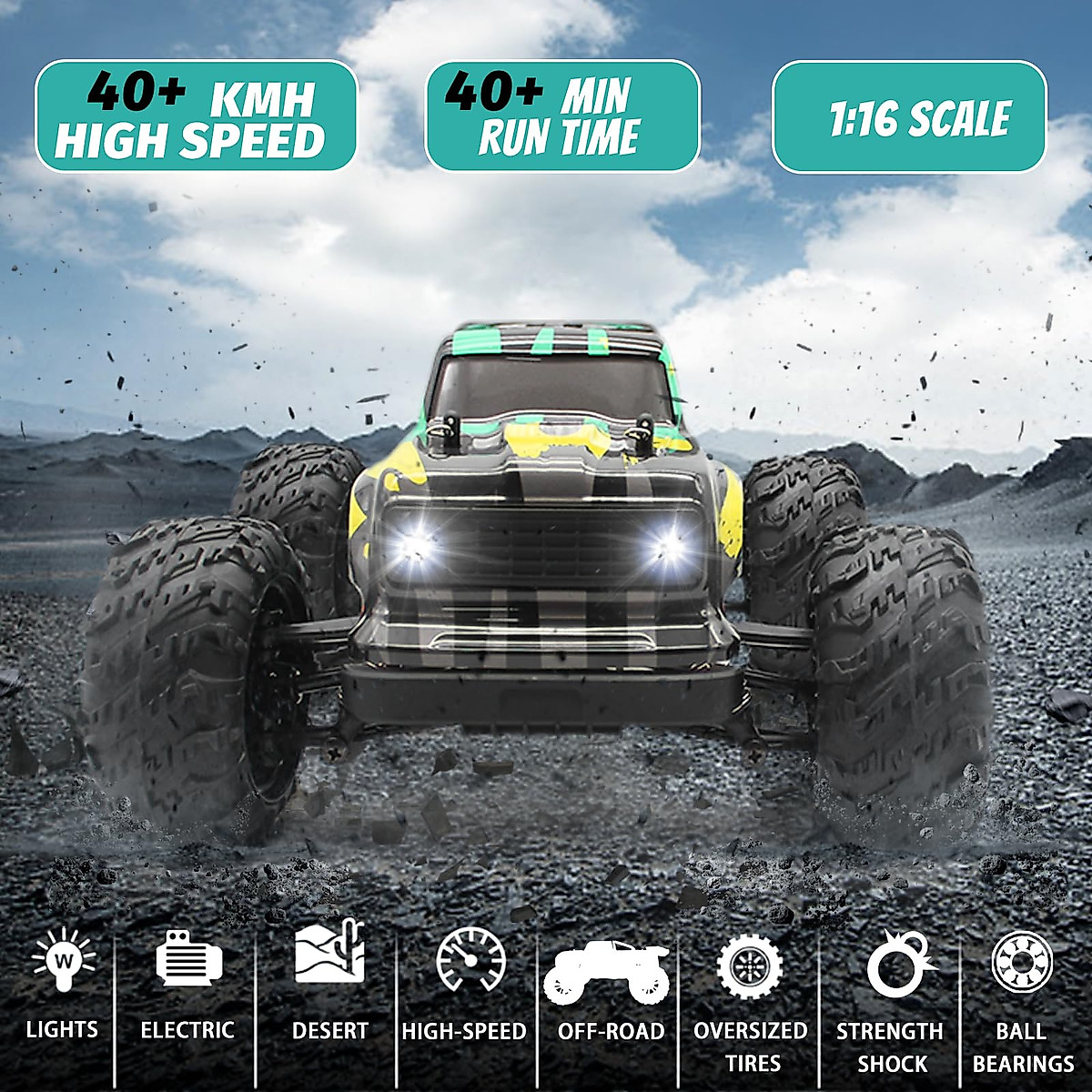 Losbenco High Speed RC Cars 40KPH for Adults, 1:16 Scale Remote Control Car, 4WD All Terrain Off-Road Monster RC Truck with Bright Headlight 2 Rechargeable Batteries for Kids and Adults