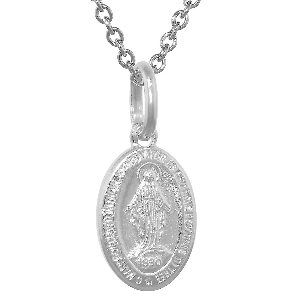 15mm Very Tiny Sterling Silver Miraculous Medal Necklace Oval Virgin Mary Italy with Stainless Steel Chain 1/2 inch