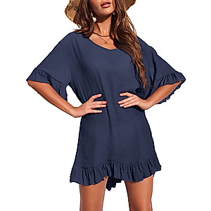 Ekouaer Women Cover-Up Dresses for Swimwear Ruffle Sleeves Beachwear Sexy V Neck Bikini Bathing Suit Coverups (Navy, Medium)