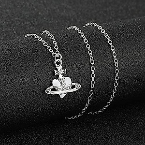 Punk Heart Y2K Saturn Necklace - 5 Colors Available Fashion Baroque Rhinestone Love Heart Saturn Planet Pendant Necklace Jewelry (White necklace)