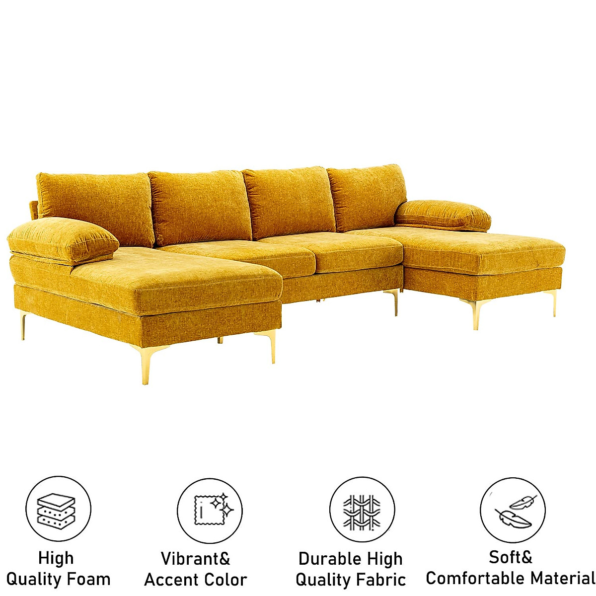Pvillez Modern Sectional Sofa with Double Chaise Large Convertible Couches Chenille U-Shape Couch with Rolled Arms and Golden Legs Oversize Yellow Sofa for Living Room Comfortable Modular Sofa