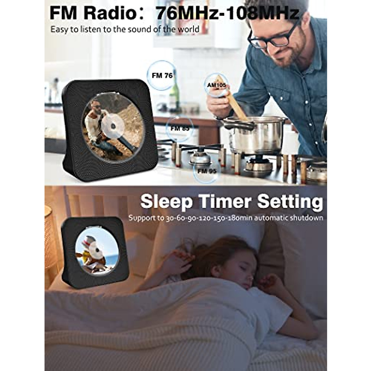 Portable CD Player with Bluetooth: 4000mAh Rechargeable Kpop Music Player with HiFi Speaker,Remote Control,LCD Display,Sleep Timer,Headphone Jack, Supports CD/Bluetooth/FM Radio/U-Disk/AUX(Black)